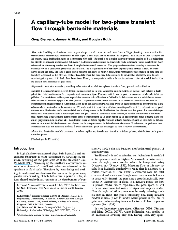 (PDF) A capillary-tube model for two-phase transient flow through bentonite materials