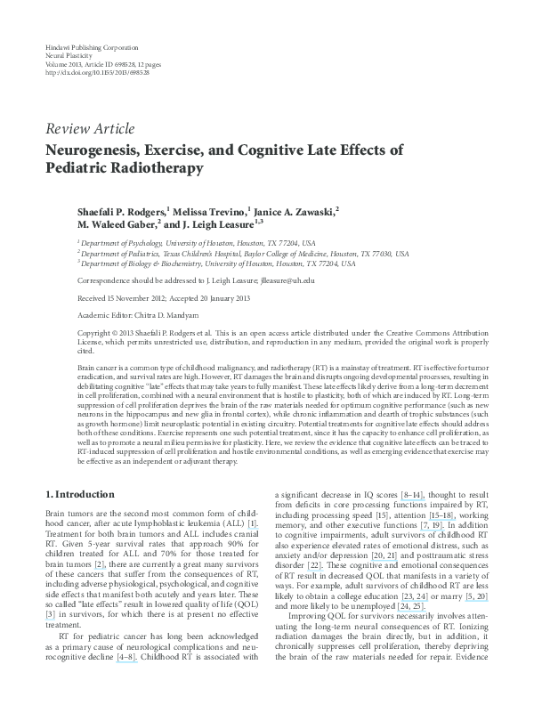 (PDF) Neurogenesis, Exercise, and Cognitive Late Effects of Pediatric ...