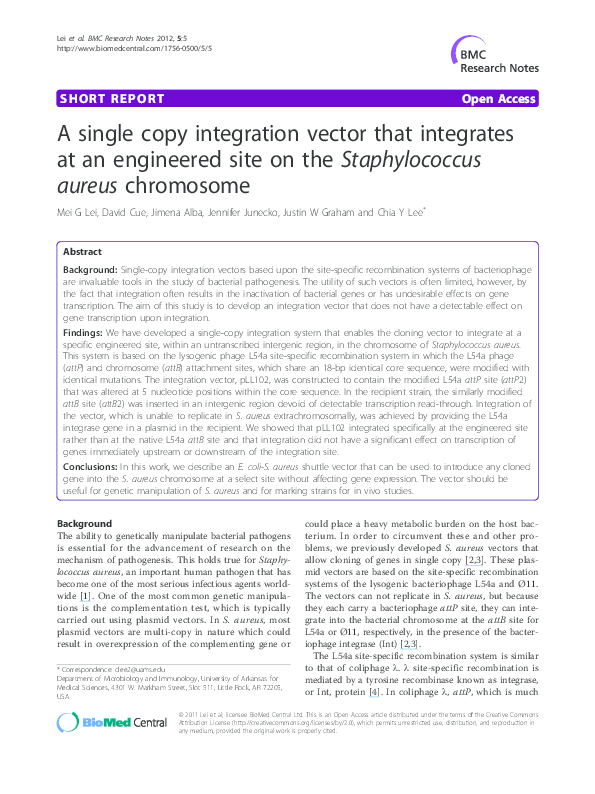 (PDF) Single-Copy Integration Vector for S. aureus