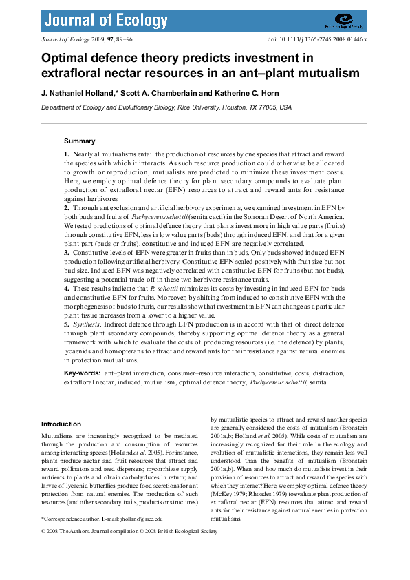 (PDF) Optimal defence theory predicts investment in extrafloral nectar ...