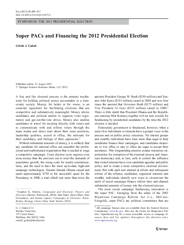 (PDF) Super PACs and Financing the 2012 Presidential Election