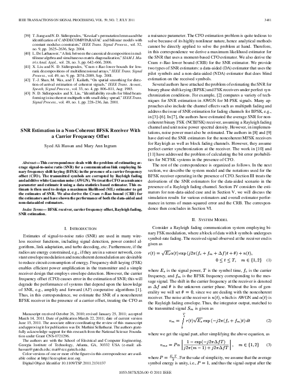 (PDF) SNR Estimation in a Non-Coherent BFSK Receiver With a Carrier ...