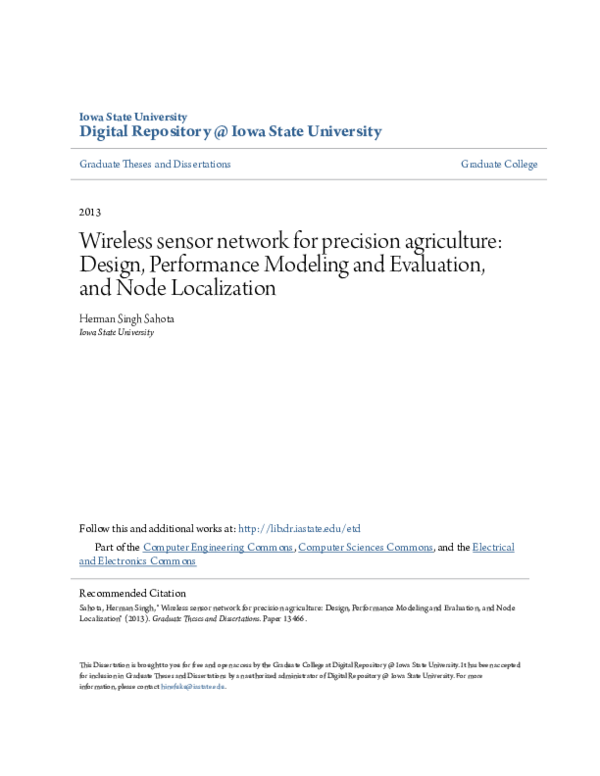 Pdf Wireless Sensor Network For Precision Agriculture Design Performance Modeling And