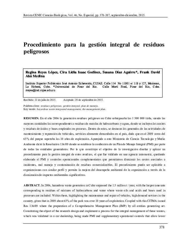 (PDF) Procedimiento para la gestión integral de residuos peligrosos