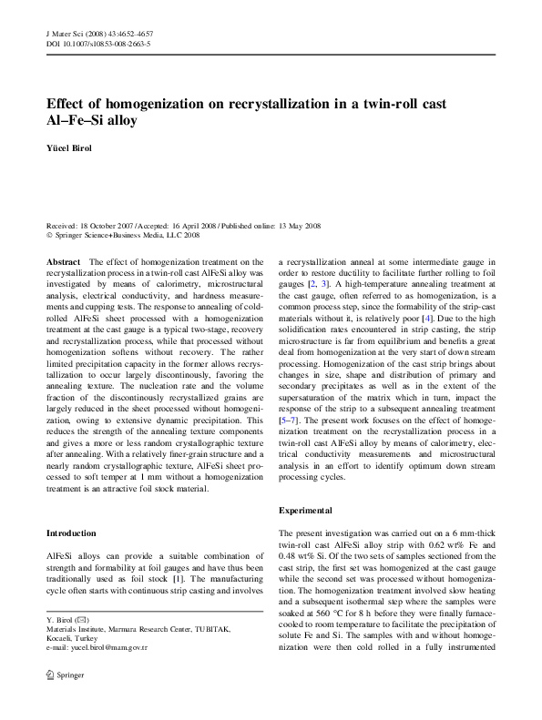 Pdf Effect Of Homogenization On Recrystallization In A Twin Roll Cast Al Fe Si Alloy
