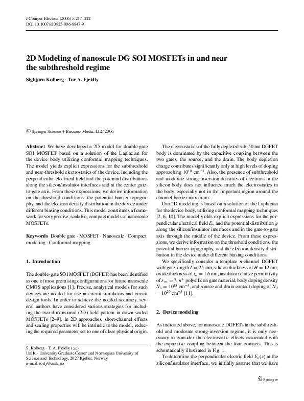 (PDF) 2D Modeling of nanoscale DG SOI MOSFETs in and near the subthreshold regime