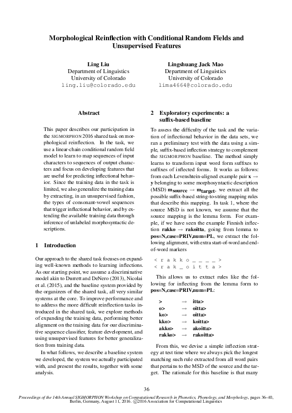 (PDF) Morphological Reinflection with Conditional Random Fields and Unsupervised Features