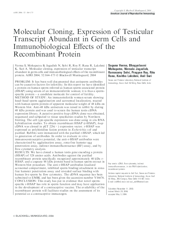 Pdf Molecular Cloning Expression Of Testicular Transcript Abundant