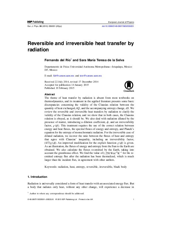 (PDF) Reversible and irreversible heat transfer by radiation