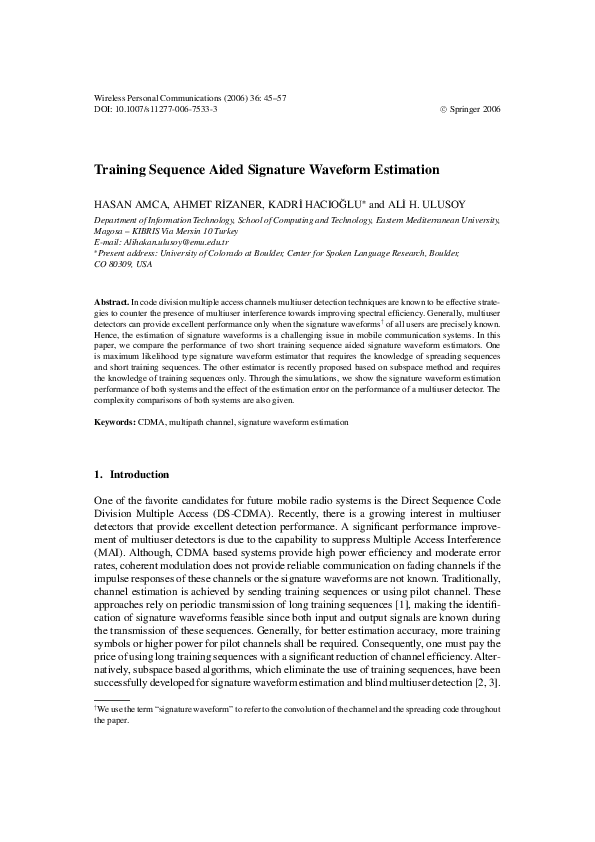 Pdf Training Sequence Aided Signature Waveform Estimation