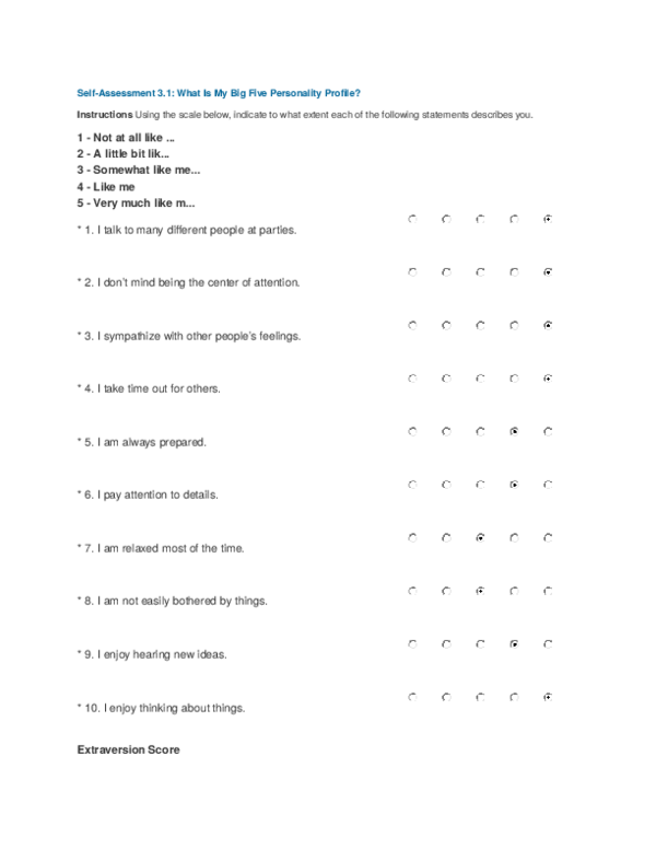 (DOC) Self-Assessment 3.1: What Is My Big Five Personality Profile ...