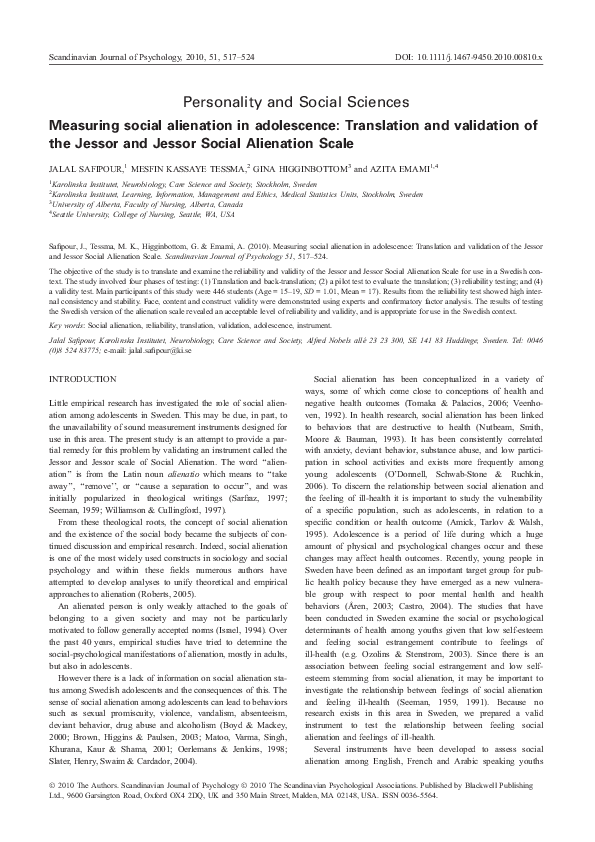 (PDF) Measuring social alienation in adolescence: Translation and ...