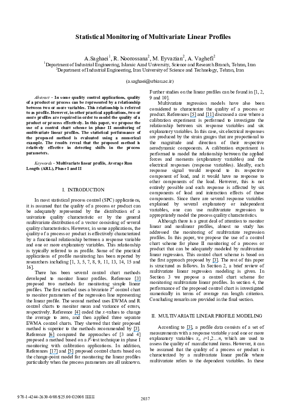 (PDF) Statistical monitoring of multivariate linear profiles