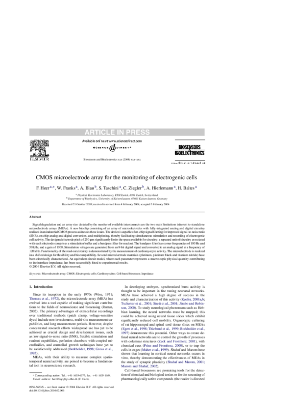 (PDF) CMOS microelectrode array for the monitoring of electrogenic cells