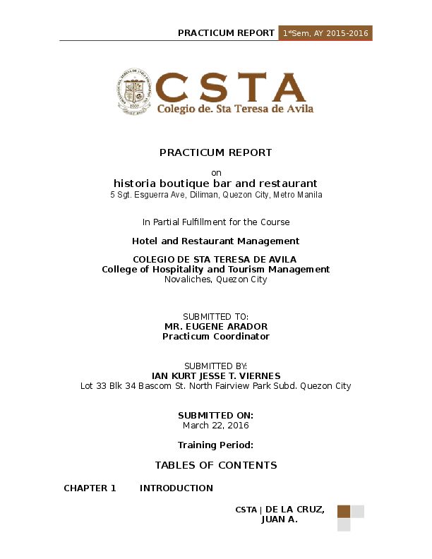 (DOC) PRACTICUM REPORT historia boutique bar and restaurant In Partial ...