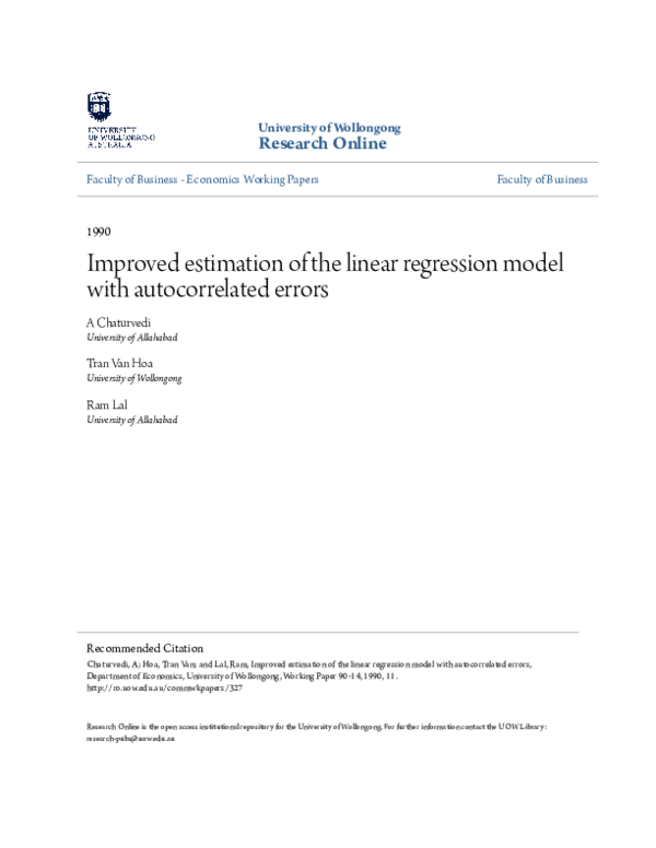 Pdf Improved Estimation Of The Linear Regression Model With Autocorrelated Errors Anoop