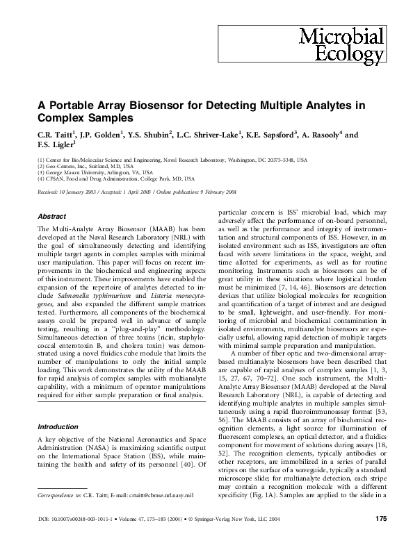 Pdf A Portable Array Biosensor For Detecting Multiple Analytes In Complex Samples