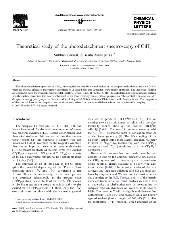 (PDF) Theoretical study of the photodetachment spectroscopy of ClH 2