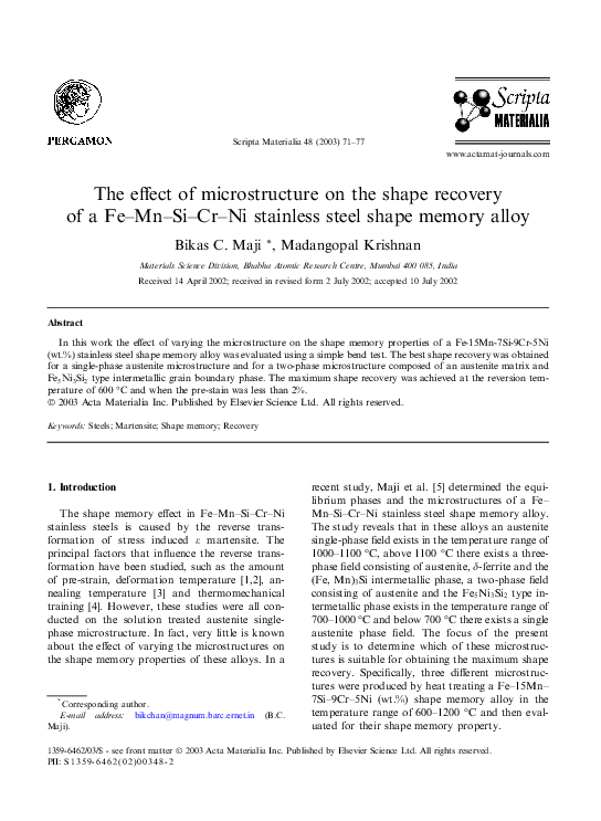 (PDF) The effect of microstructure on the shape recovery of a Fe–Mn–Si–Cr–Ni stainless steel ...