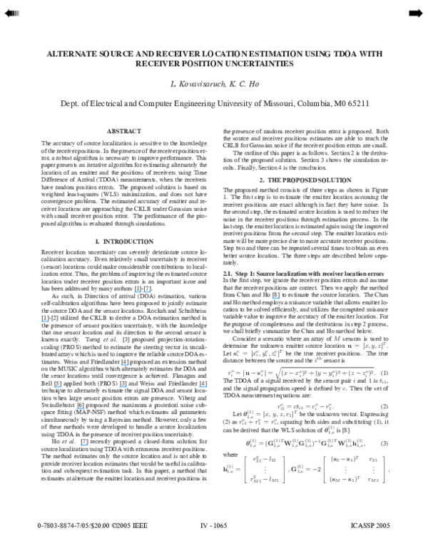 Pdf Alternate Source And Receiver Location Estimation Using Tdoa With