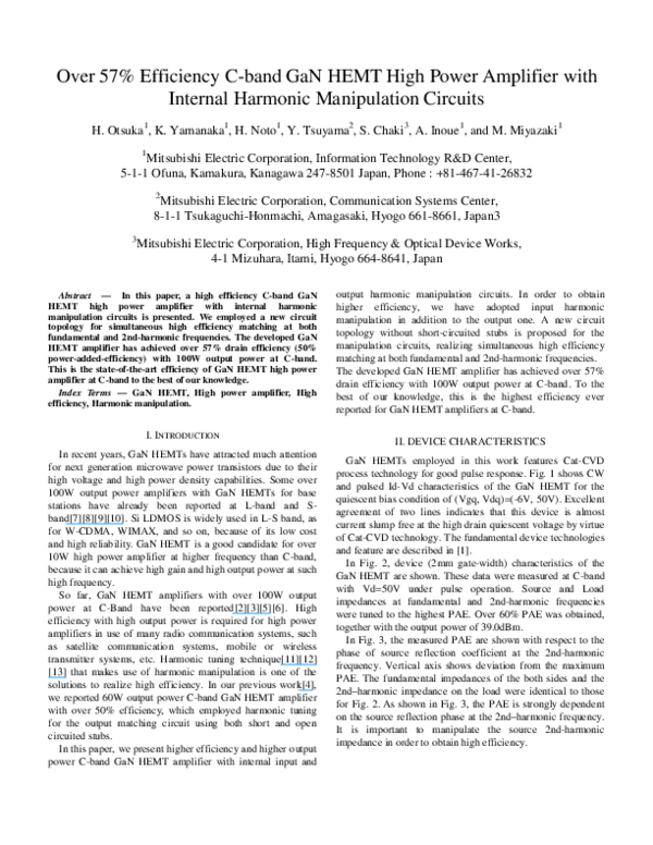 (PDF) Over 57% efficiency C-band GaN HEMT high power amplifier with internal harmonic ...