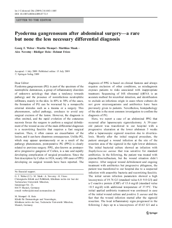 Pdf Pyoderma Gangrenosum After Abdominal Surgery—a Rare But None The