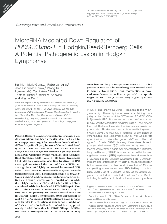 (PDF) MicroRNA-Mediated Down-Regulation of PRDM1/Blimp1 in Hodgkin/Reed ...