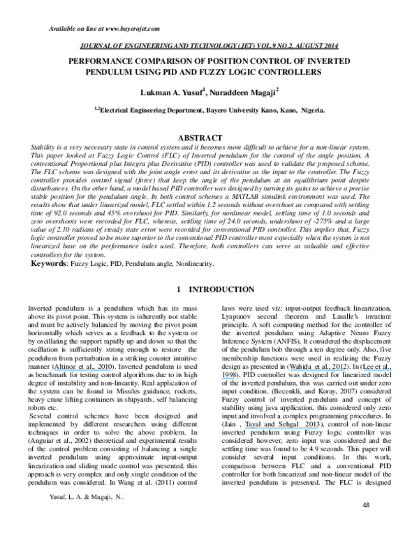 Pdf Performance Comparison Of Position Control Of Inverted Pendulum Using Pid And Fuzzy Logic