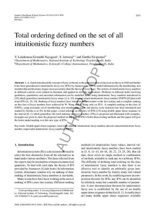 Pdf Total Ordering Defined On The Set Of All Intuitionistic Fuzzy Numbers Jeeva Raj