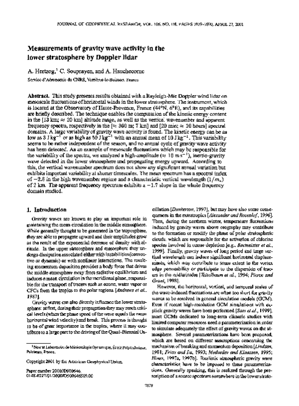 Pdf Measurements Of Gravity Wave Activity In The Lower Stratosphere By Doppler Lidar