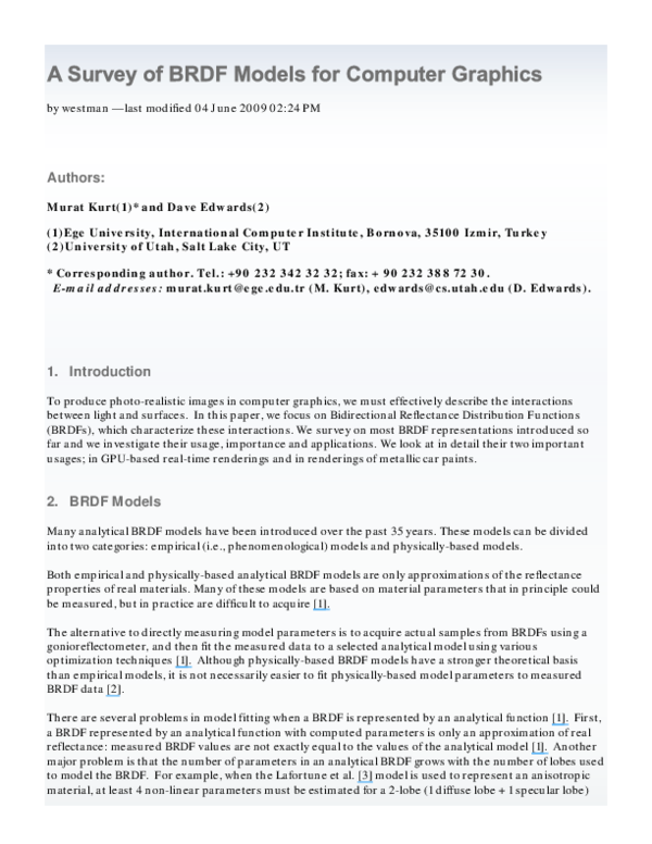 (PDF) A survey of BRDF models for computer graphics