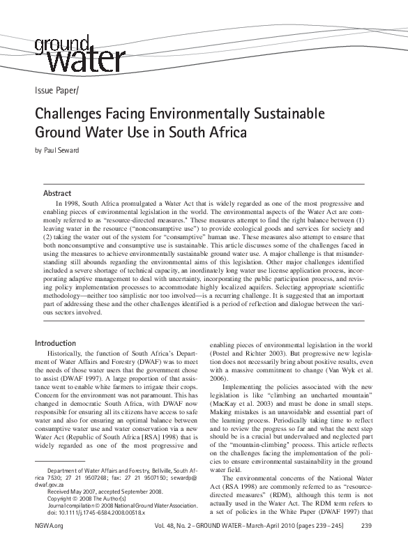 (PDF) Challenges Facing Environmentally Sustainable Ground Water Use in ...