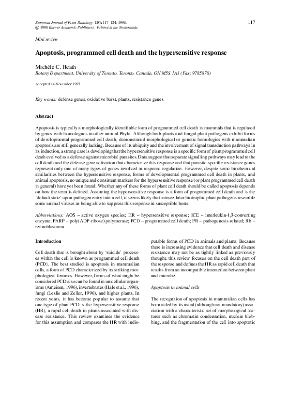 (PDF) Apoptosis, programmed cell death and the hypersensitive response