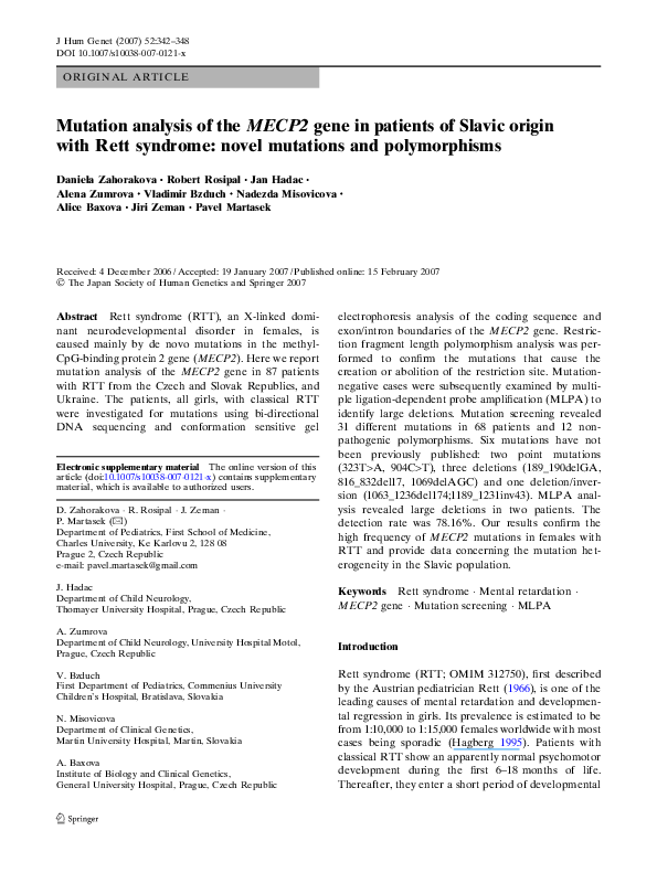 (PDF) Spectrum of mutations in the MECP2 gene in patients with ...