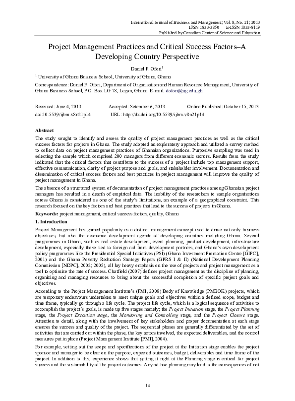 (PDF) Project Management Practices and Critical Success Factors–A ...