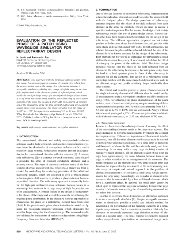 Pdf Evaluation Of The Reflected Phase Of A Patch Using Waveguide Simulator For Reflectarray Design