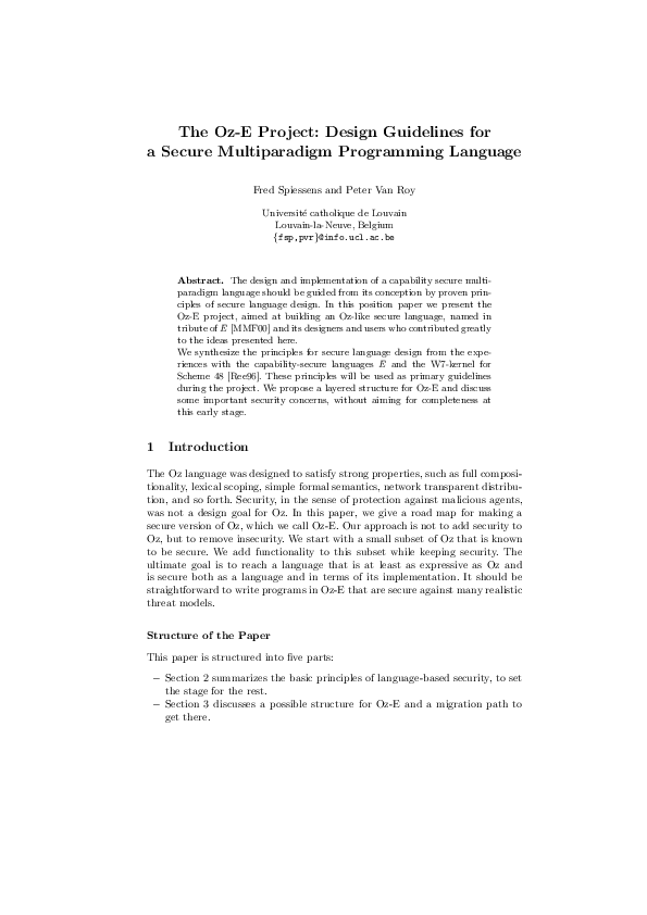 Pdf The Oz E Project Design Guidelines For A Secure Multiparadigm Programming Language
