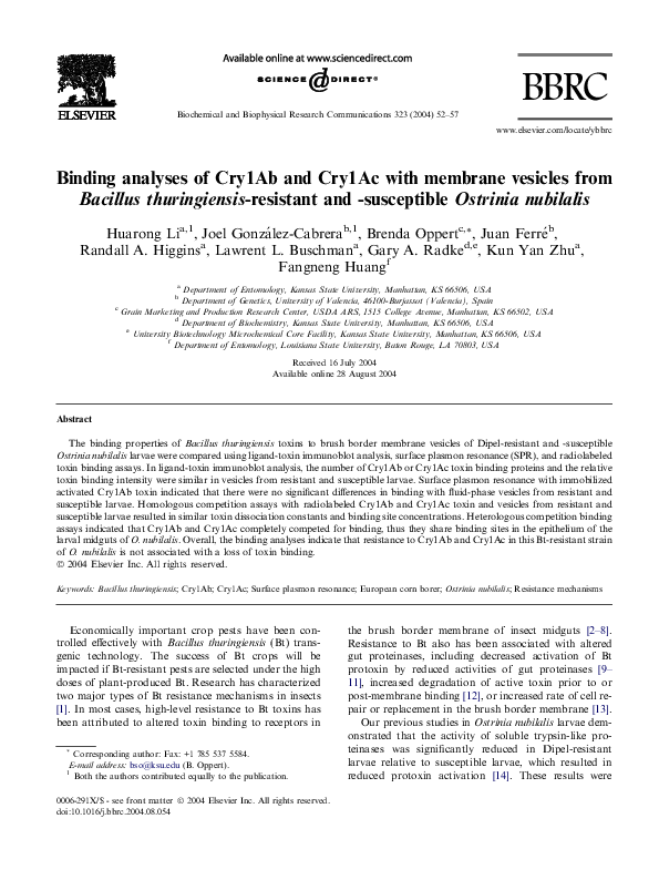 (PDF) Binding analyses of Cry1Ab and Cry1Ac with membrane vesicles from Bacillus thuringiensis ...
