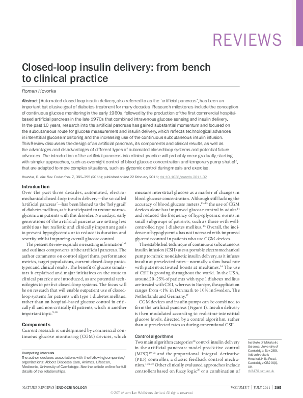 (PDF) Closed-loop insulin delivery: from bench to clinical practice