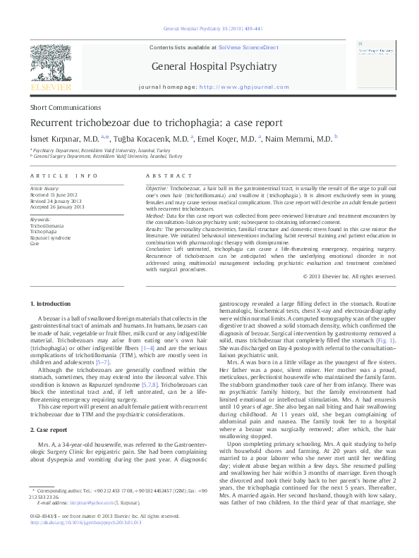 (PDF) Recurrent trichobezoar due to trichophagia: a case report | Ismet ...
