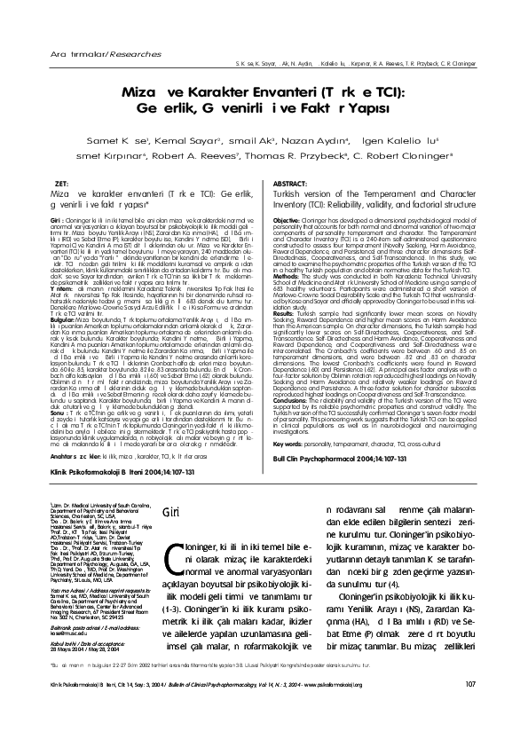 Pdf Mizaç Ve Karakter Evanteri Türkçe Tci Geçerlik Güvenirliği Ve Faktör Yapisi Turkish