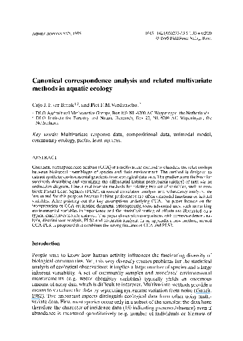(PDF) Canonical correspondence analysis and related multivariate methods in aquatic ecology