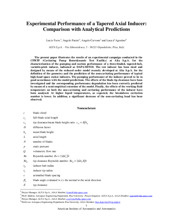 (PDF) Experimental Performance of a Tapered Axial Inducer: Comparison ...