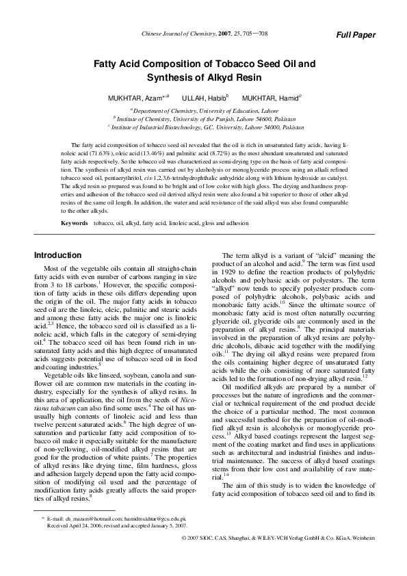 (PDF) Fatty Acid Composition of Tobacco Seed Oil and Synthesis of Alkyd ...