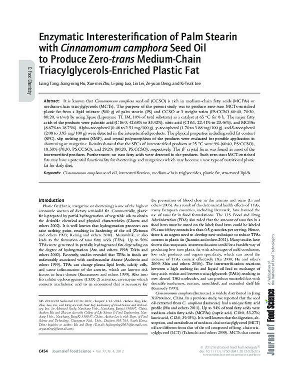 (PDF) Enzymatic interesterification of palm stearin and palm kernel olein