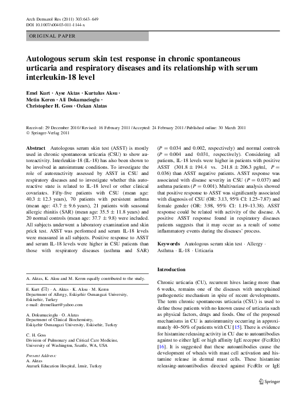 (PDF) Autologous serum skin test response in chronic spontaneous ...