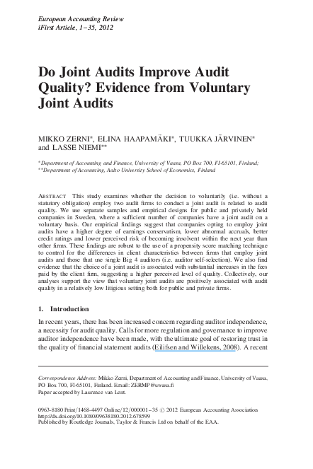 (PDF) Do Joint Audits Improve Audit Quality? Evidence from Voluntary ...