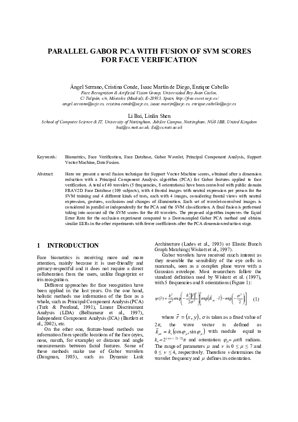 (PDF) Parallel gabor PCA with fusion of SVM scores for face verification
