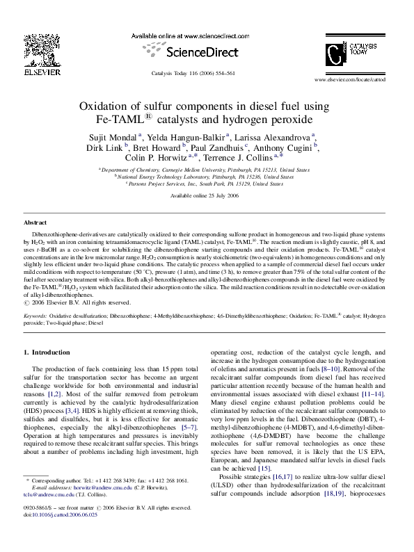(PDF) Oxidation of sulfur components in diesel fuel using Fe-TAML ...