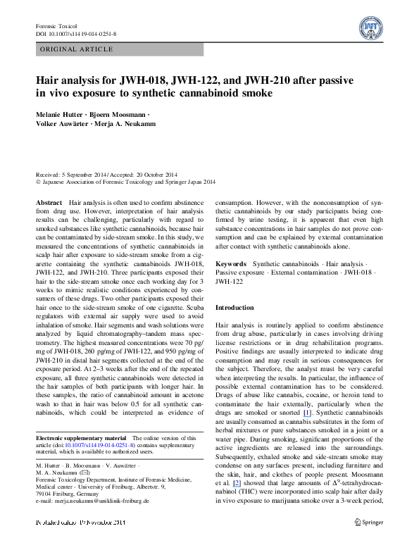 (PDF) Hair analysis for JWH-018, JWH-122, and JWH-210 after passive in ...